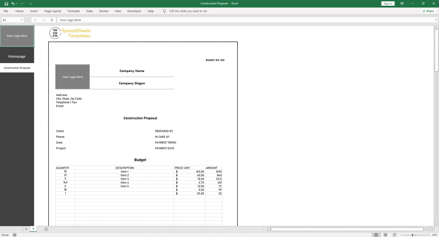 Construction Proposal Template - Spreadsheets Templates