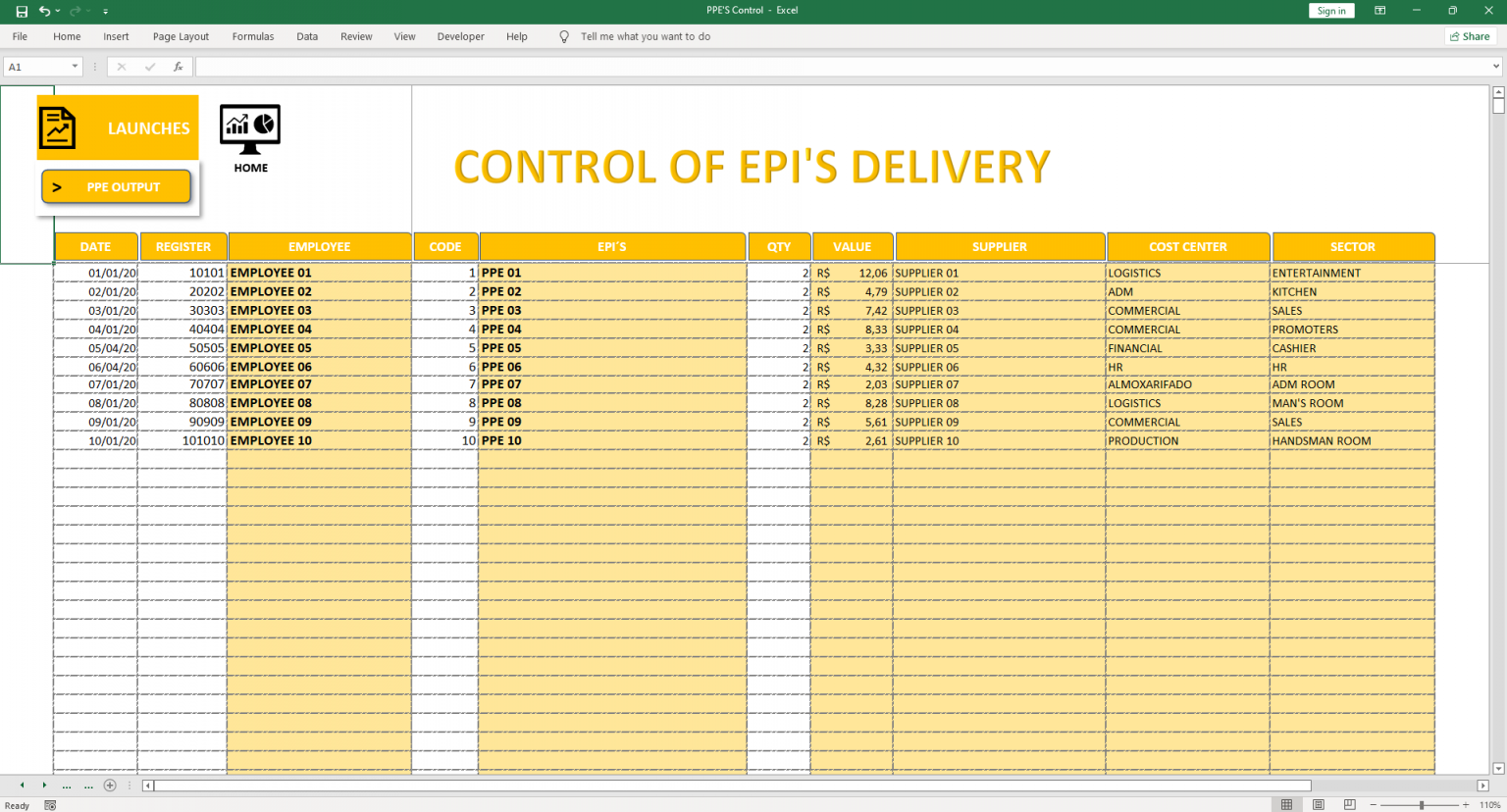PPE’S Control Sheet – Workplace Safety – Spreadsheets Templates