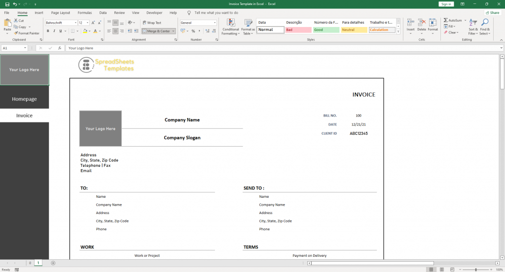 Invoice Template in Excel - Spreadsheets Templates