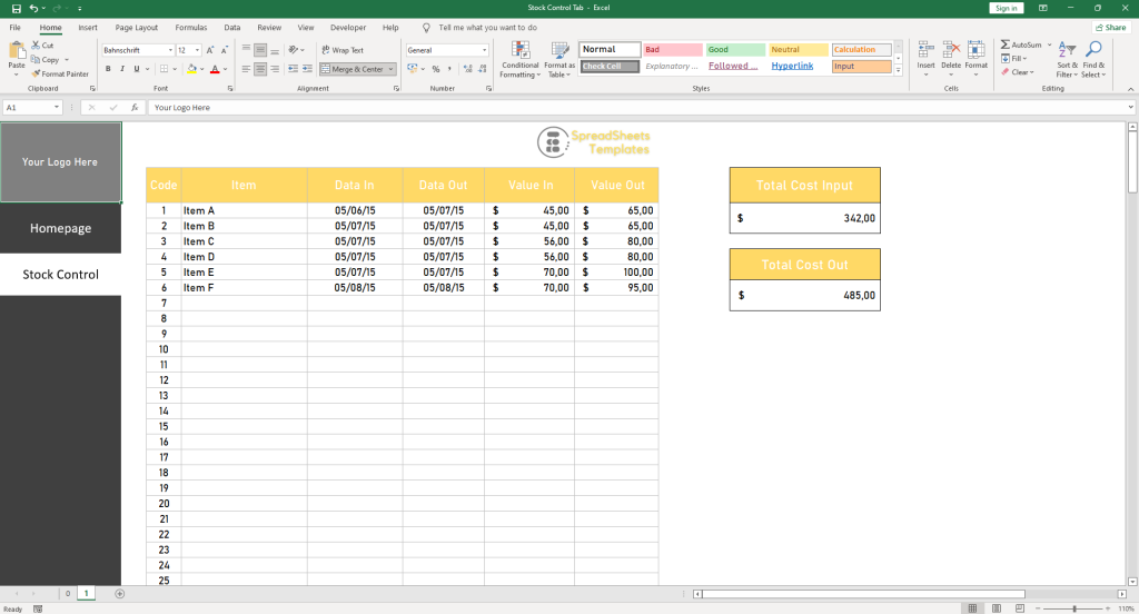 Stock Control Tab - Spreadsheets Templates