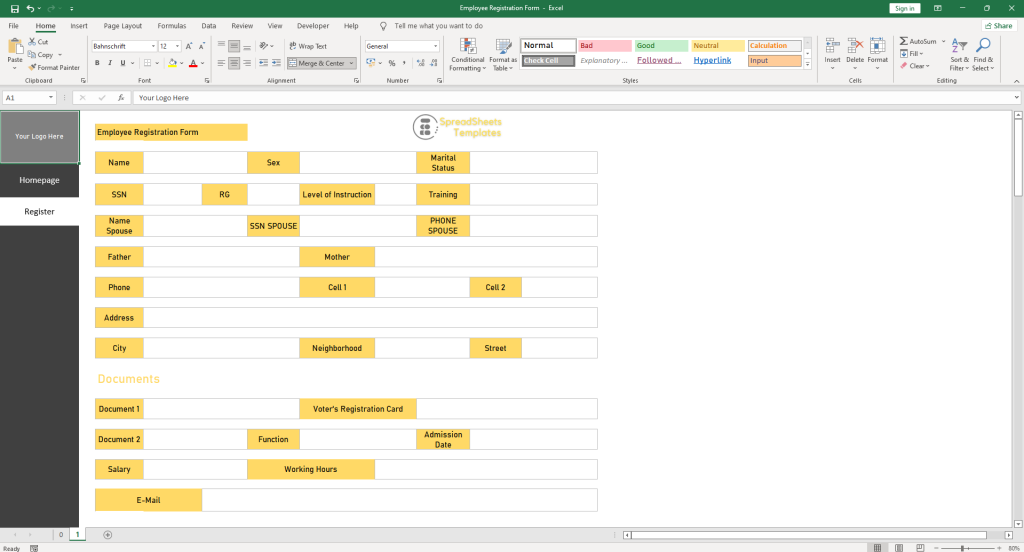 Employee Registration Form - Spreadsheets Templates