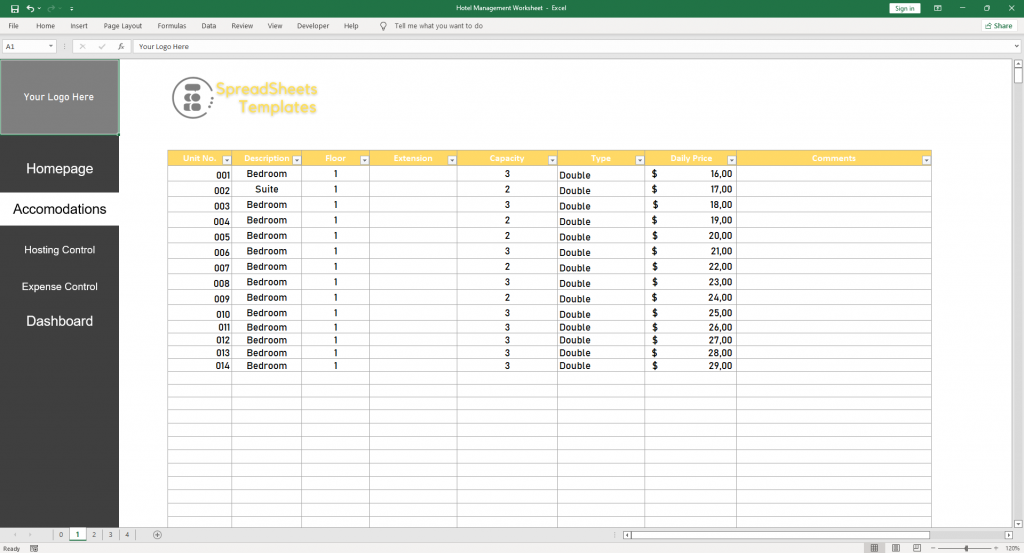 Hotel Management Worksheet - Spreadsheets Templates