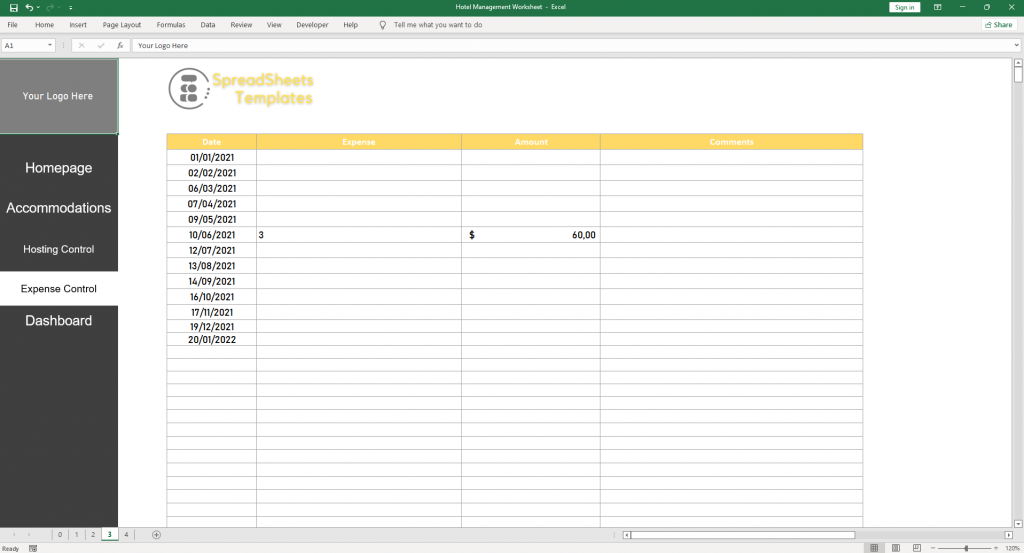 Hotel Management Worksheet - Spreadsheets Templates