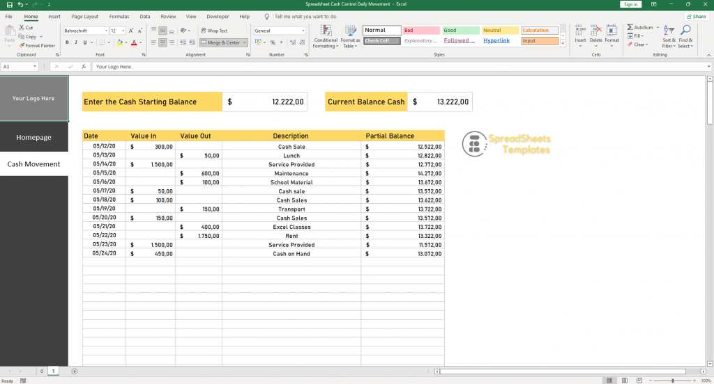 Cash Control Daily Movement - Spreadsheets Templates