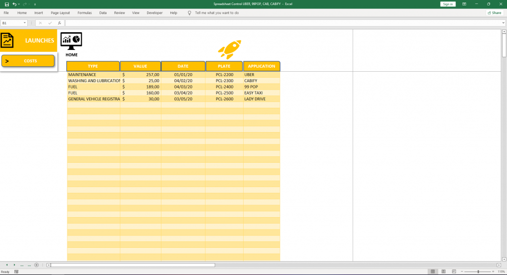 Spreadsheet Control UBER, 99POP, CAB, CABIFY - Spreadsheets Templates